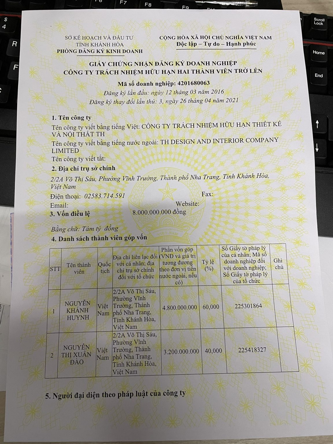 Giấy chứng nhận - CTY TNHH THIẾT KẾ VÀ NỘI THẤT TH